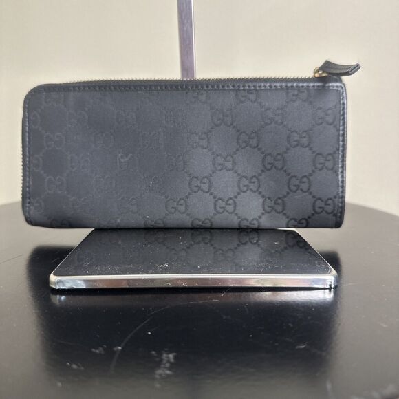 Gucci | Bags | Authentic Gucci Gg Nylon Leather Black Zippy Long Wallet ...